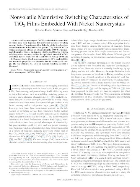 Pdf Nonvolatile Memristive Switching Characteristics Of Tio Bm 2 Films Embedded With