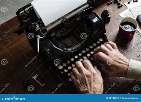 Man Typing Retro Writing Machine Old Typewriter On Bedclothes Male Hands Type Story Or Report