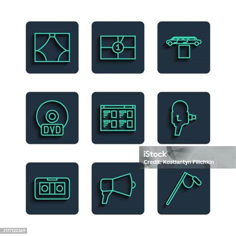 라인 Vhs 비디오 카세트 테이프 메가폰 마이크 리무진 자동차 및 카펫 온라인 재생 Cd 또는 Dvd 디스크 커튼 및 레트로 시네마 카메라 아이콘을 설정합니다 벡터 0명에