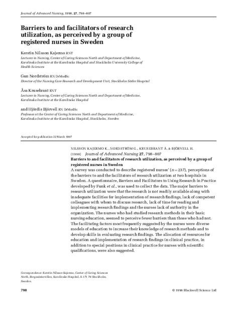 Pdf Barriers To And Facilitators Of Research Utilization Among Nurses Of Teaching Hospitals In