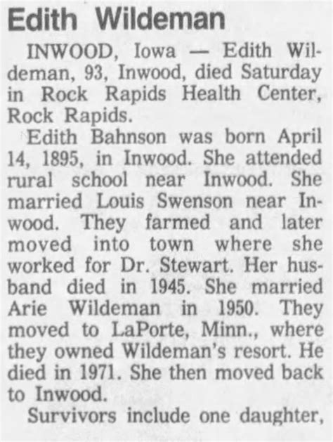 Obituary For Edith Wildeman Aged 93 ™