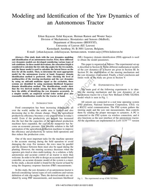 Pdf Modeling And Identification Of The Yaw Dynamics Of An Autonomous Tractor
