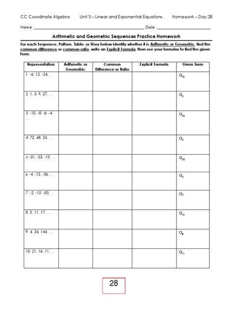 28 Arithmetic And Geometric Sequences Practice Homework W3rmk9 Pdf
