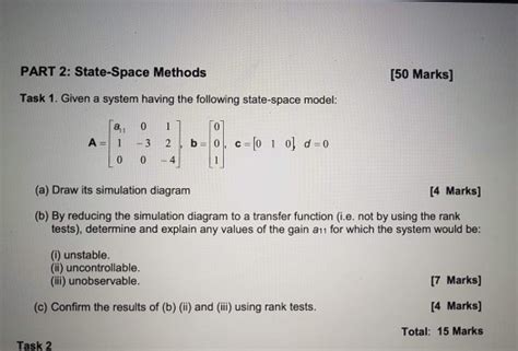 Solved Part 2 State Space Methods 150 Marks Task 1 Given
