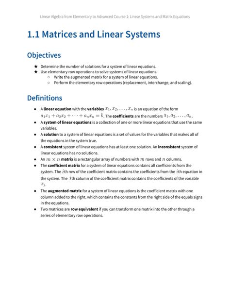 1 1 Matrices And Linear Systems 1 Pdf System Of Linear Equations