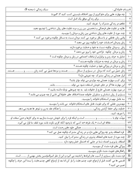 سوالات آزمون نوبت اول مدیریت خانواده و سبک زندگی دختران دوازدهم دی