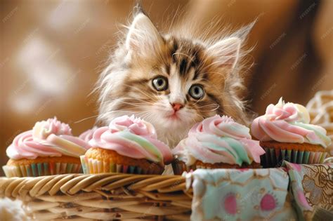 Adorable Fluffy Kitten Peeking Out From A Basket Surrounded By Colorful