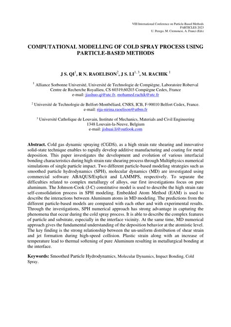 pdf computational modelling of cold spray process using particle based methods