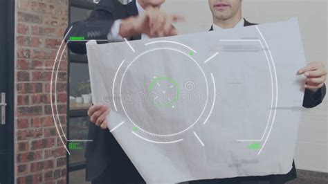 Animation Of Scope Scanning Over Caucasian Businessmen Talking Stock