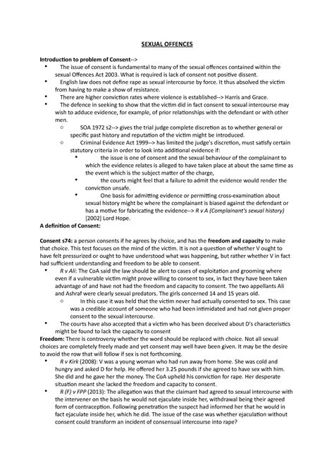 Criminal Law Sexual Offences Summary Sexual Offences Introduction To Problem Of Consent