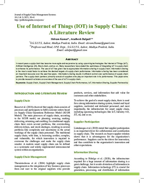 Pdf Use Of Internet Of Things Iot In Supply Chain A Literature Review