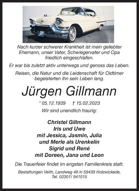 Traueranzeigen Von Jürgen Gillmann Sich Erinnernde