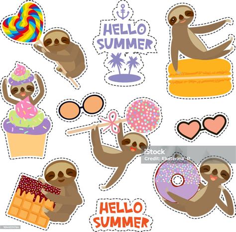 안녕하세요 여름 밝은 열 대 카드 배너 디자인 패션 패치 배지 스티커 케이크와 함께 귀여운 귀여운 얼굴 나무늘보 컬렉션 아빠 도넛 사탕 와플 흰색 바탕에 마 카 롱 벡터