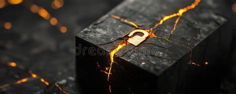 Locked Security Symbol On Cracked Black Surface With Glowing Orange Veins Representing