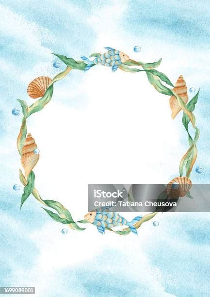 꽃 바다 화환 해초 및 물 거품 생일 카드가 있는 바다 카드 템플릿입니다 해양 디자인 손으로 그린 수채화 그림 날짜 축하 생일