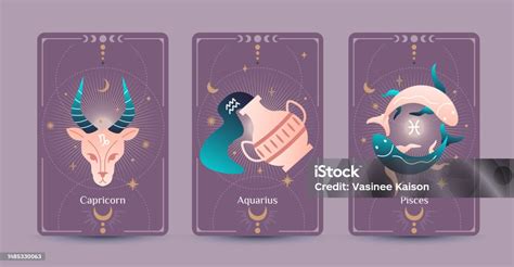 염소자리 물병자리 물고기자리 조디악 기호는 보라색 배경에 달과 별에 둘러싸인 손으로 그리는 스타일로 초자연적 현상 타로 리더 및 점성가에게 적합합니다 점성술 기호에 대한