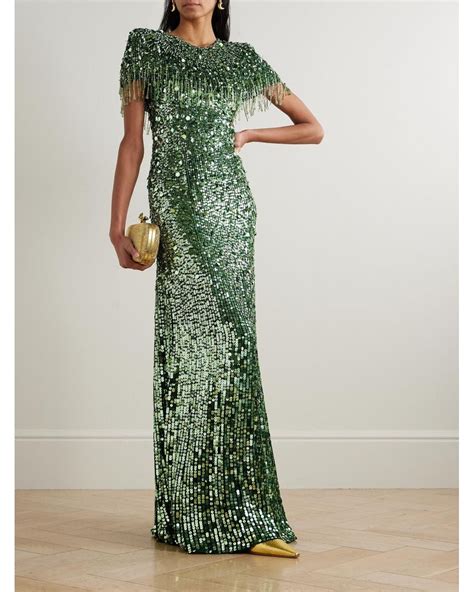 Jenny Packham Eugenie Fringed Cape Effect Embellished Satin Gown In