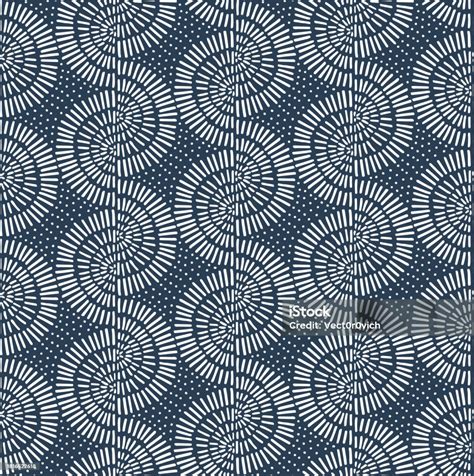 점선 구불구불한 줄무늬 손으로 그린 기하학적 보헤미안 시크 점선 표시 햇살 호 물결 모양으로 배열된 원형 모양 네이비 인디고 블루 및 화이트 색상 팔레트의 패턴 디자인 렌즈