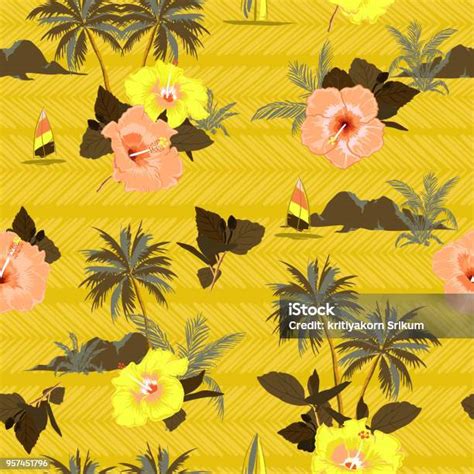 Vinatge 여름 밤 하와이에서 이국적인 숲과 벡터 완벽 한 아름 다운 밝은 여름 열 대 패턴 인쇄 나뭇잎 배경 화려한 원래 꽃 히 비 스커 스 믹스 0명에 대한 스톡
