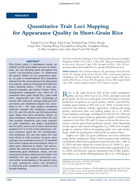 Pdf Quantitative Trait Loci Mapping For Appearance Quality In Short