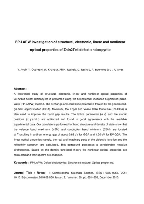 Pdf Fp Lapw Investigation Of Structural Electronic Linear And Nonlinear Optical Properties
