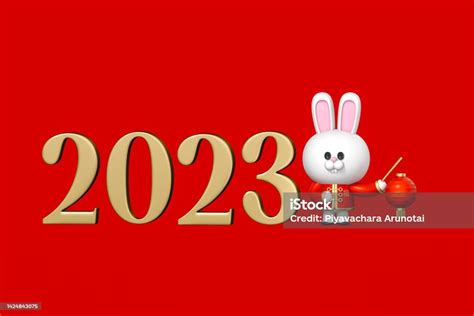 새해 복 많이 받으세요 2023 토끼의 해 중국 조디악 기호 3d 토끼 빨간색 배경 3d 렌더링 행복 번영 및 장수를위한 3d 삽화 인사말 중국 새해 축제 2023년에 대한
