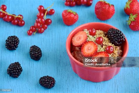 딸기 블랙 베리 붉은 건포도 꿀벌 꽃가루 대마 씨앗 아마 씨앗과 치아 씨앗을 가진 초콜릿 오트밀 죽 0명에 대한 스톡 사진 및 기타 이미지 Istock
