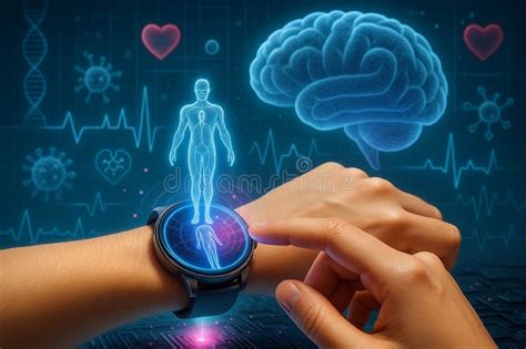 Ai Generated Image Of A Smartwatch Projecting A Glowing 3d Human Body While A User Interacts
