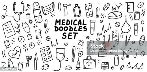 의료 낙서 아이콘 세트입니다 손으로 그린 라인 건강 관리 개념 약국 의학 만화 아이콘 컬렉션 벡터 그림입니다 간호사에 대한 스톡