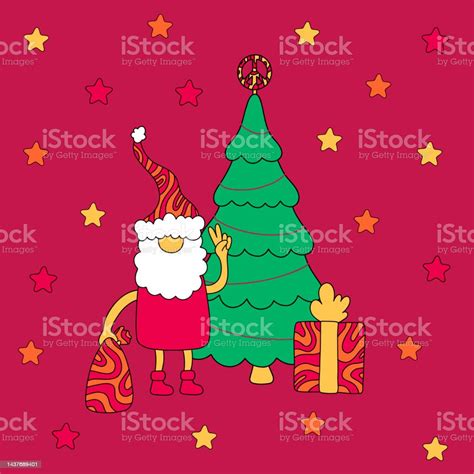 현재와 크리스마스 트리를 가진 재미있는 히피 산타 클로스 엽서 디자인 및 인쇄를 위한 벡터 그림 12월에 대한 스톡 벡터 아트