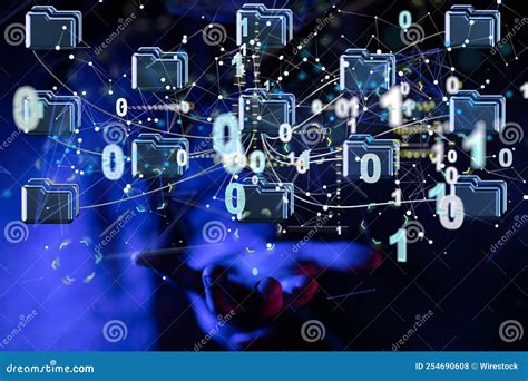 3d Render Of Data Network With Connected Computer Folder Symbols And Binary Codes In Person S