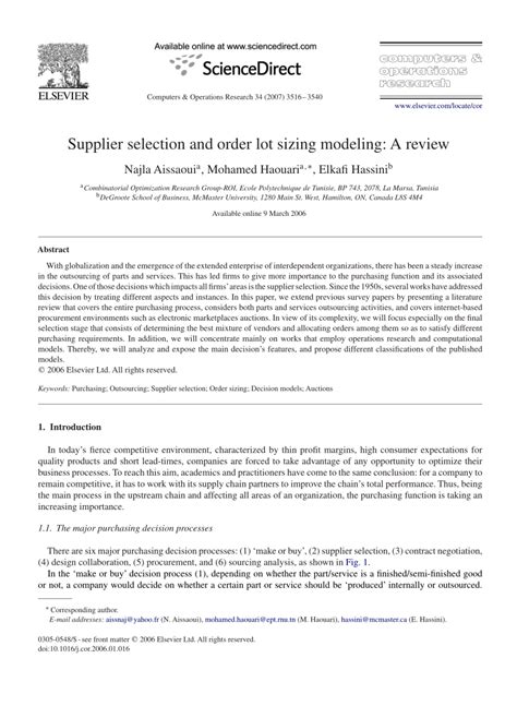 Pdf Supplier Selection And Order Lot Sizing Modeling A Review