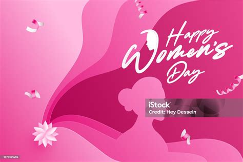 해피 우먼스 데이 휴일 일러스트레이션 분홍색 꽃종이 컷 아웃 소녀 얼굴 웹 배너 또는 인사말 카드에 이상적인 수평 형식 디자인