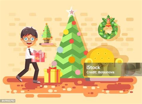 벡터 일러스트 레이 션 만화 캐릭터 어린이 갈색 머리 소년 모범생가지고 선물 크리스마스 트리 새 해와 크리스마스 기뻐하라 행복 한 축 하와 함께 방에 평면 스타일 요소 모션