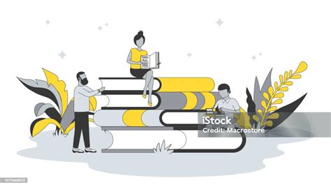 사람들과 함께 평면 디자인의 도서 도서관 개념 남자와 여자는 교과서와 소설 책을 읽고 지식을 얻고 서점에서 문학을 구입합니다 웹 배너에 대한 문자 장면이 있는 벡터 일러스트
