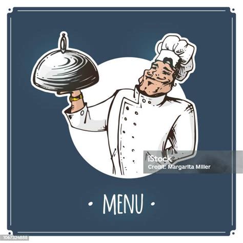 웨이터는 고객에 게 뚜껑 접시를 제공 이탈리아 카페 또는 레스토랑 메뉴 커버 디자인 템플릿 컬러 스케치 스타일 벡터 일러스트 레이 션 요리사에 대한 스톡 벡터 아트 및 기타