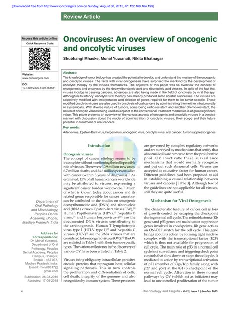 Pdf Oncoviruses An Overview Of Oncogenic And Oncolytic Viruses