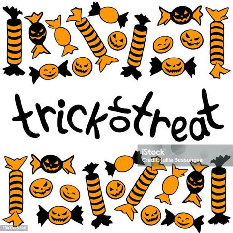 할로윈 스타일의 다른 포장지에서 사탕 프레임에 트릭 또는 치료 레터링 수평 상단과 하단 테두리 과자의 테두리 위장 초대 파티