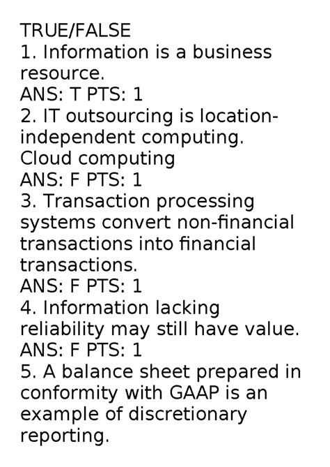 Test Bank Ques N A True False 1 Information Is A Business Resource Ans T Pts 1 2 It