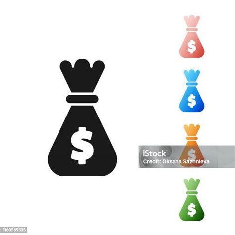 흰색 배경에 고립 된 검은 돈 가방 아이콘입니다 달러 또는 Usd 기호입니다 현금 은행 통화 기호입니다 다채로운 아이콘을 설정합니다 벡터 일러스트레이션 가방에 대한 스톡