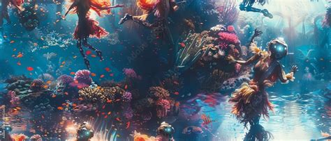 Create A Surreal Scene Of Robotic Dancers Moving Gracefully Against A Backdrop Of Coral Reefs