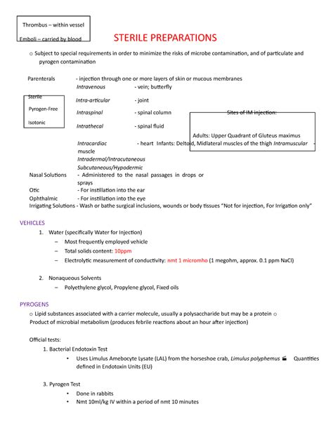 Dds Notes Sterile Preparations Thrombus Within Vessel Emboli