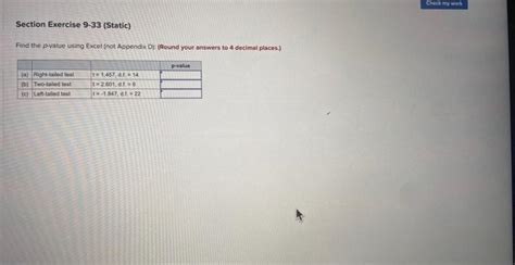 Solved Find The P Value Using Excel Not Appendix D Round