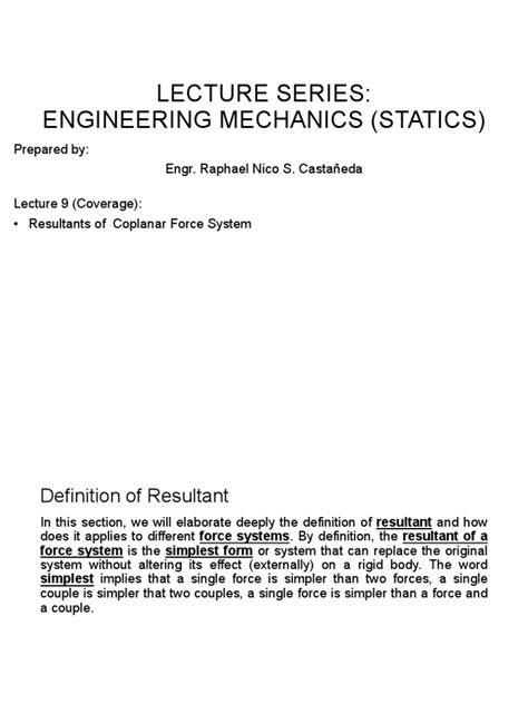 Lecture 9 Resultants Of Coplanar Force Systems Pdf Force Euclidean Vector