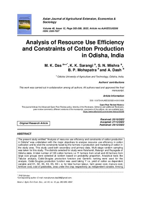 Pdf Analysis Of Resource Use Efficiency And Constraints Of Cotton Production In Odisha India