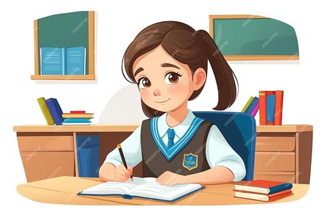 Premium Photo Cute Girl Sitting At The Desk And Reading A Book