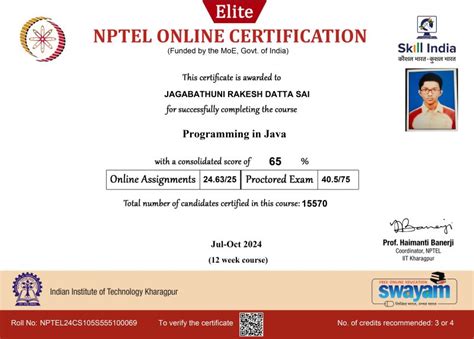 Java Programming Certification Nptel Iitkharagpur Elitecertificate Jagabathuni Rakesh