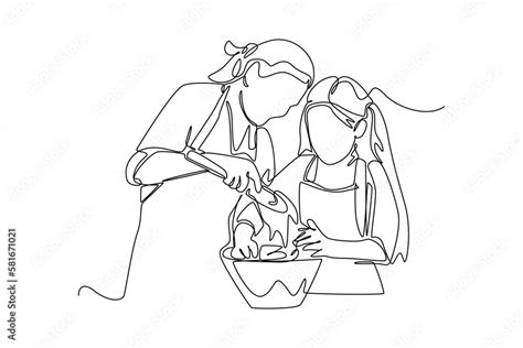 Continuous One Line Drawing Of A Mother Cooking Food With Her Babe Kitchen Activity Concept