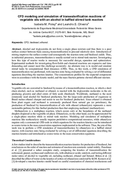 Pdf Cfd Modeling And Simulation Of Transesterification Reactions Of