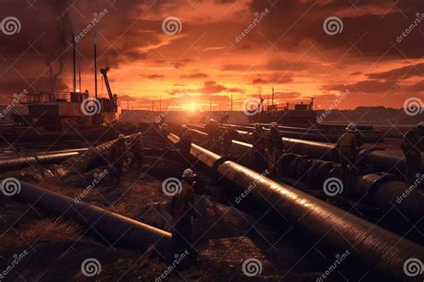 Workers Installing Pipeline Sunset Generate Ai Stock Illustration Illustration Of Repair